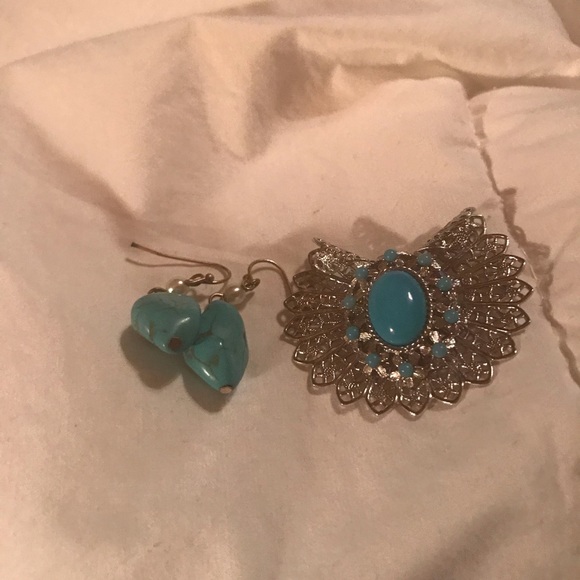 Jewelry | Vintage Turquoise Look Dangle Earrings And Fan Type Brooch ...